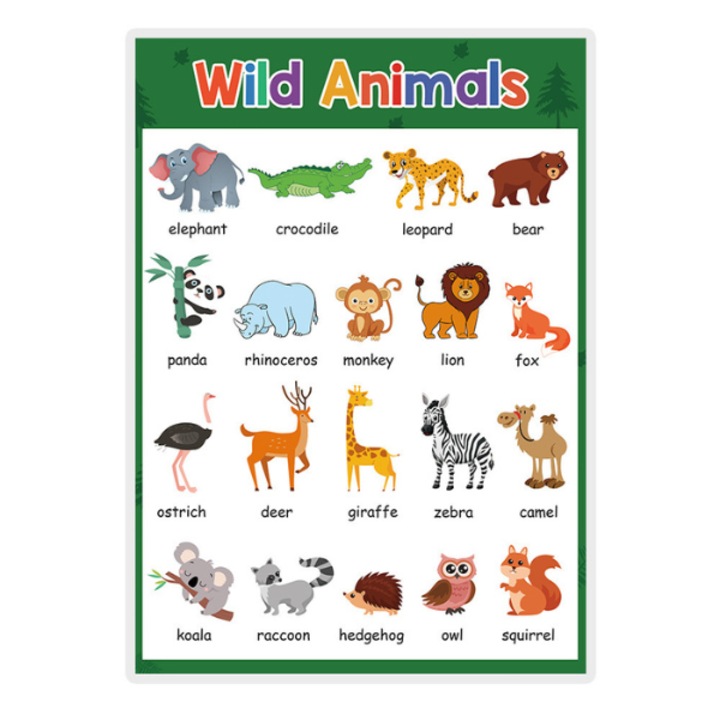 Plansa tematica, Limba engleza, Wild Animals, pentru invatare vizuala ...