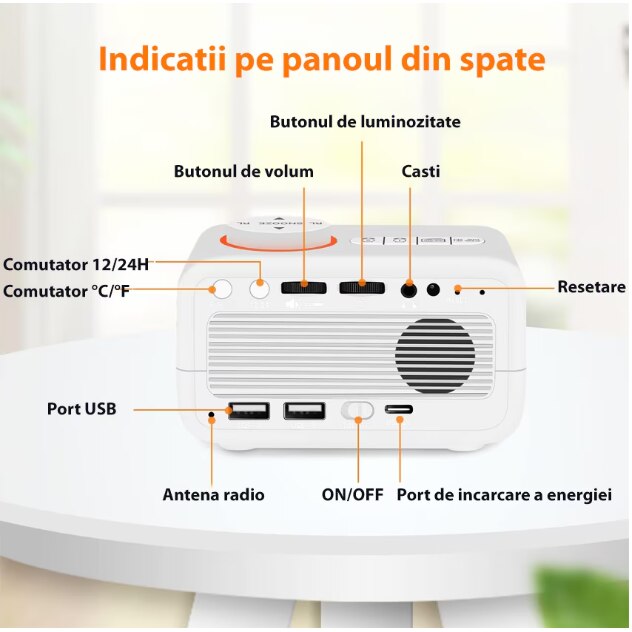 Ceas desteptator cu LED, radio FM, ecran comanda vocala, afisare ...
