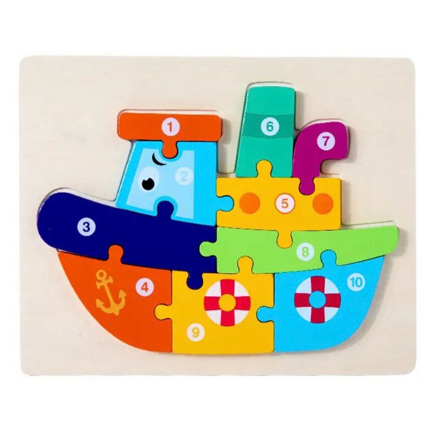 Puzzle de lemn pentru copii, Joc creativ de indemanare, Vapor cu cifre ...