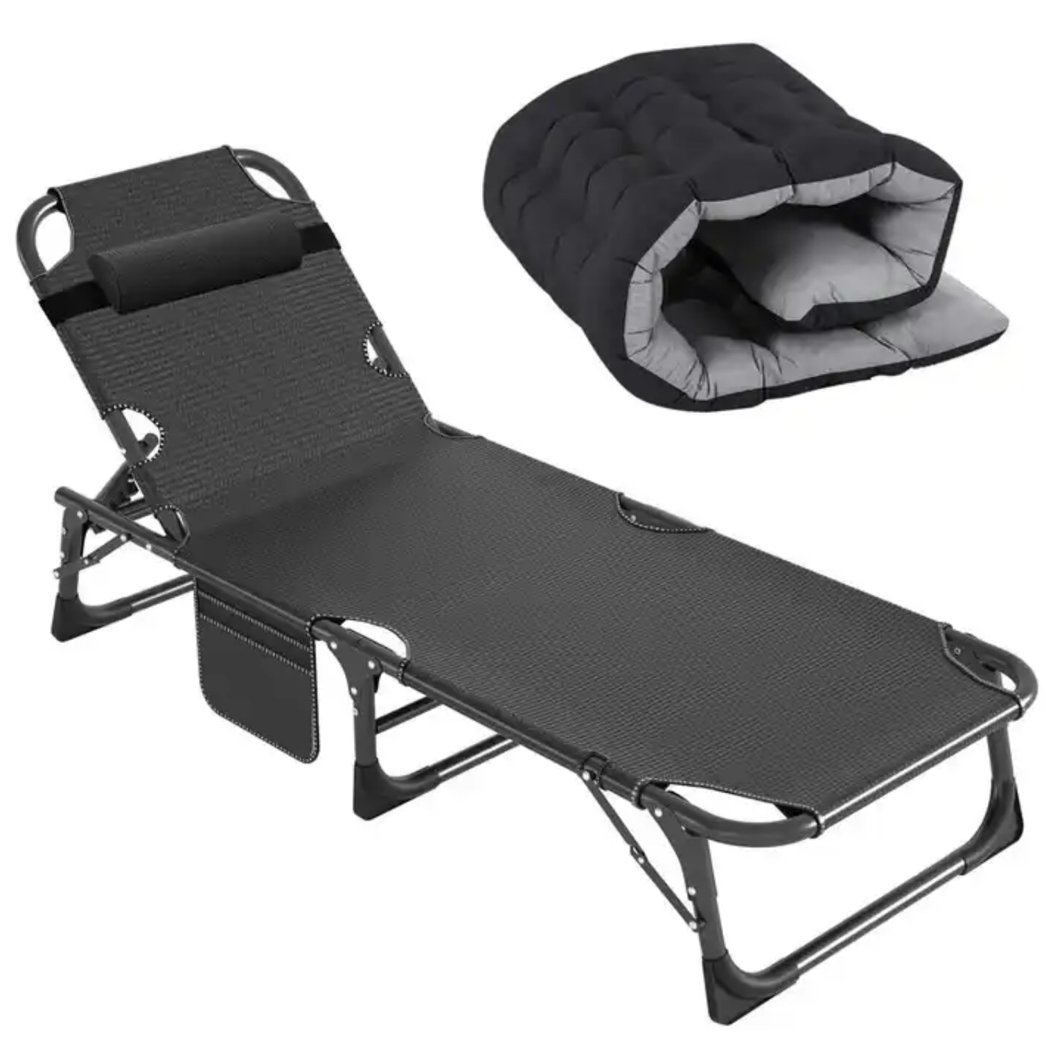 Pat de camping pliabil, set cu saltea, negru, 70x194x30cm - eMAG.ro