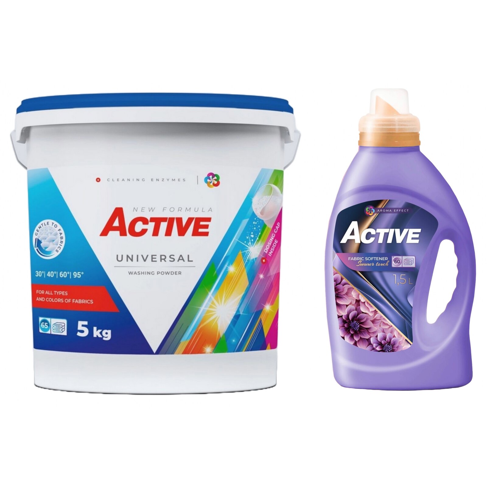 Detergent Universal de rufe pudra Active, galeata 5kg, 65 spalari + Balsam de rufe Active Summer ...