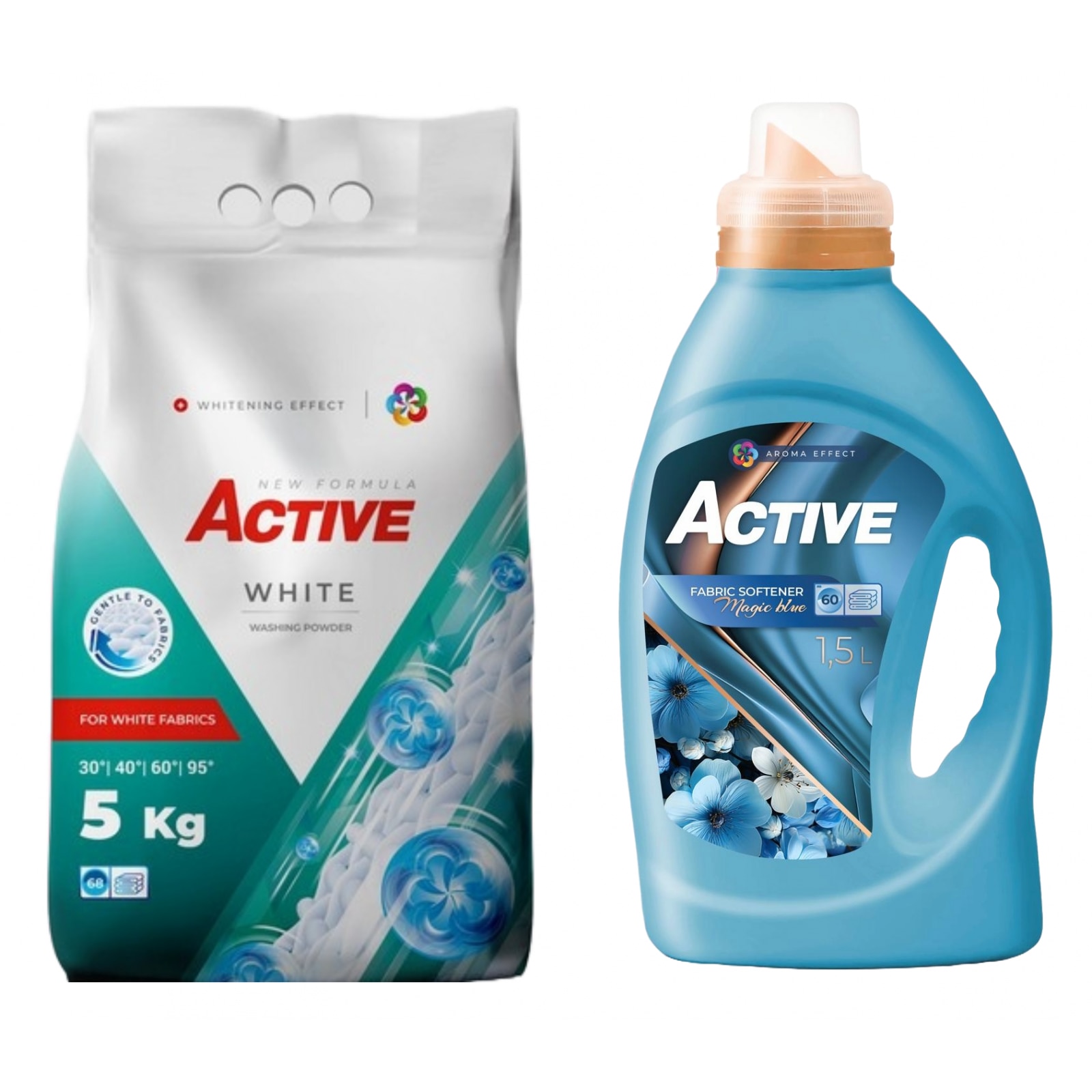 Прах за пране за бяло пране Active торба 5 кг 68 пранета балсам за