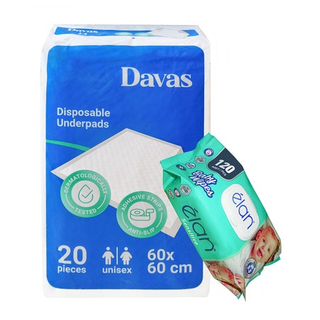 Aleze Davas 60x60 cm, 20 buc si Servetele umede Elan Senstive 120 buc ...