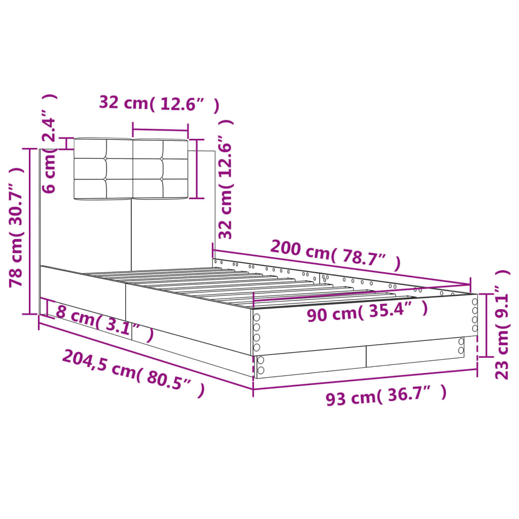 Cadru de pat cu tablie vidaXL, alb, 90x200 cm, lemn prelucrat, 19.8 kg ...