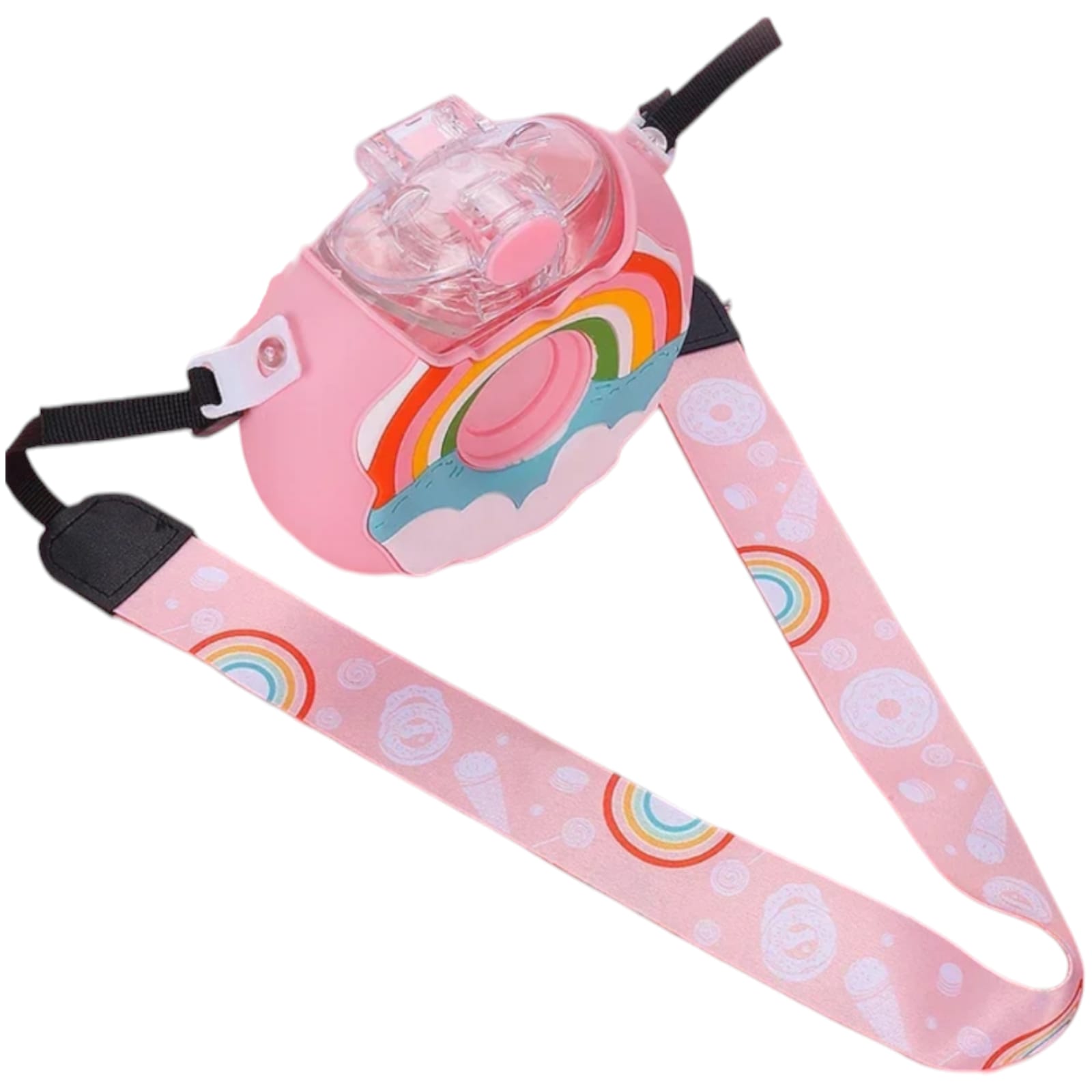 Sticla de apa roz rotunda curcubeu cu pai si snur, 380ml - eMAG.ro