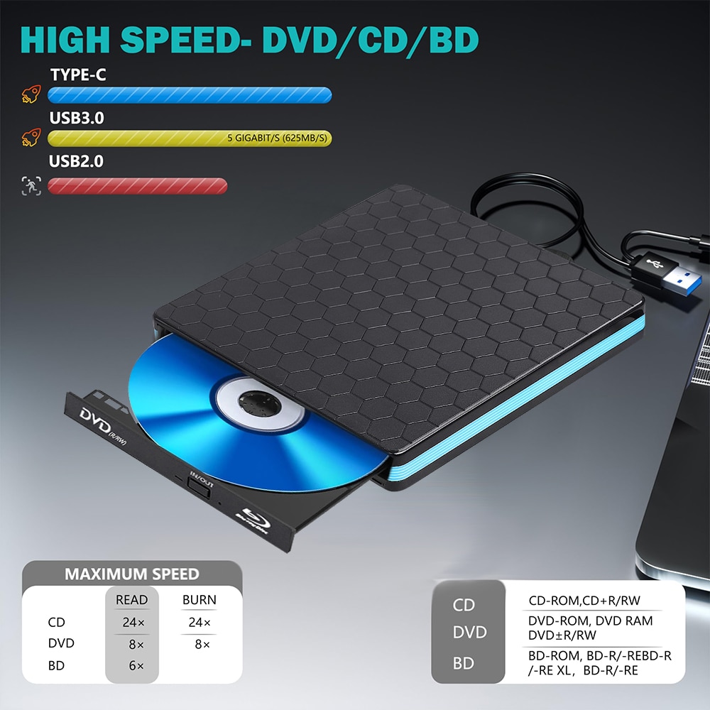 Külső Blu-Ray író, JESWO, 3D támogatás, BD/CD/DVD +/-, USB 3.0 és Type-C, fekete - eMAG.hu