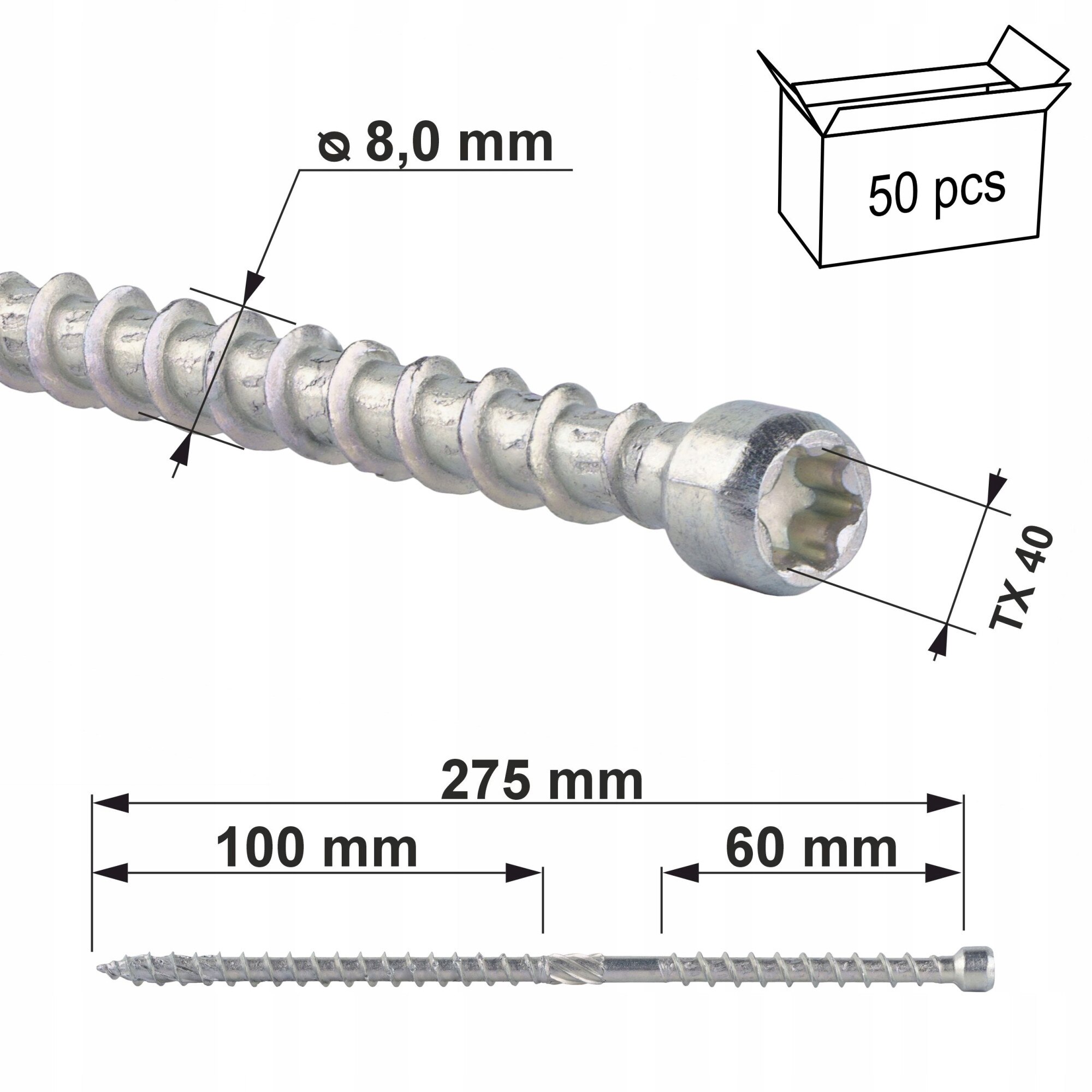 Set 50 Suruburi pentru izolatie capriori 8x275 mm, cu filet dublu, TORX ...