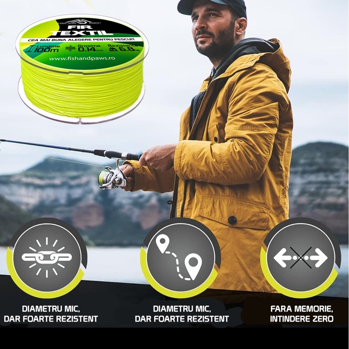 Fir textil pentru pescuit Fish & Paws ® impletit in 4 fire, rezistent ...