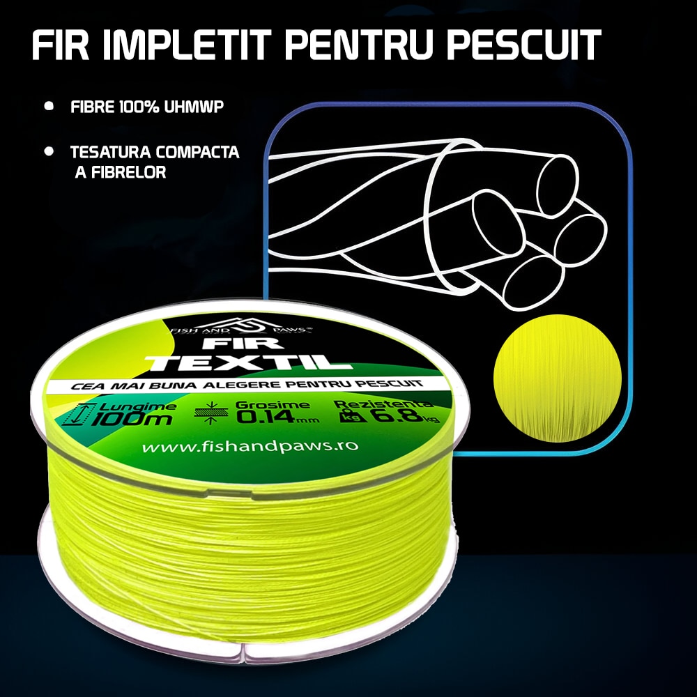 Fir textil pentru pescuit Fish & Paws ® impletit in 4 fire, rezistent ...