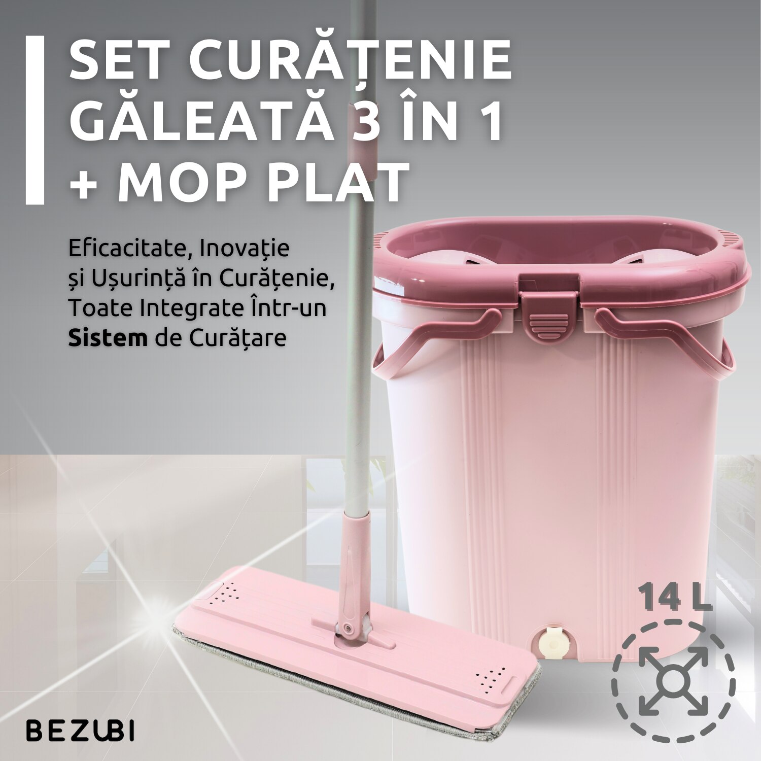 Set de curatenie complet, Bezubi, Trio Magic, galeata cu mop plat, 3 in ...