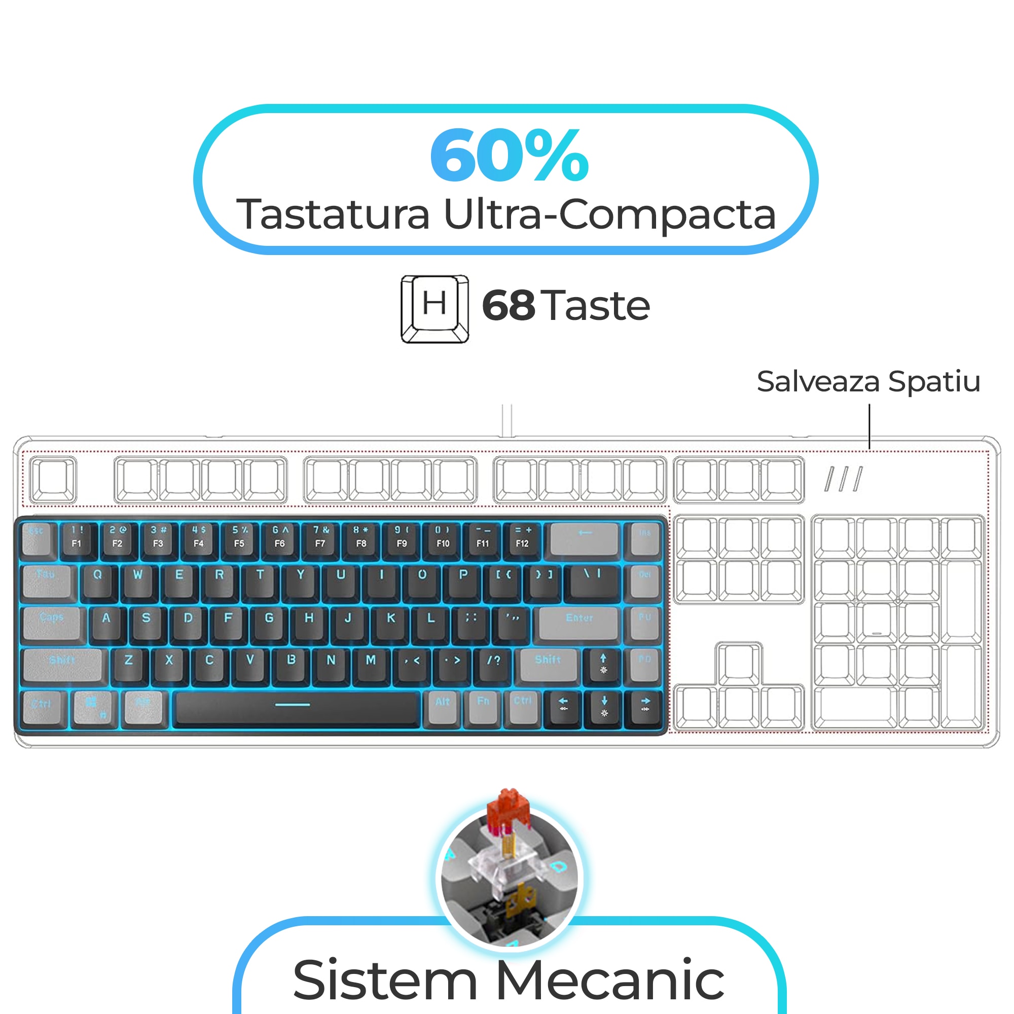 Tastatura Mecanica Gaming Timebox, 60%, Lumini LED, 68 taste, cu cablu ...