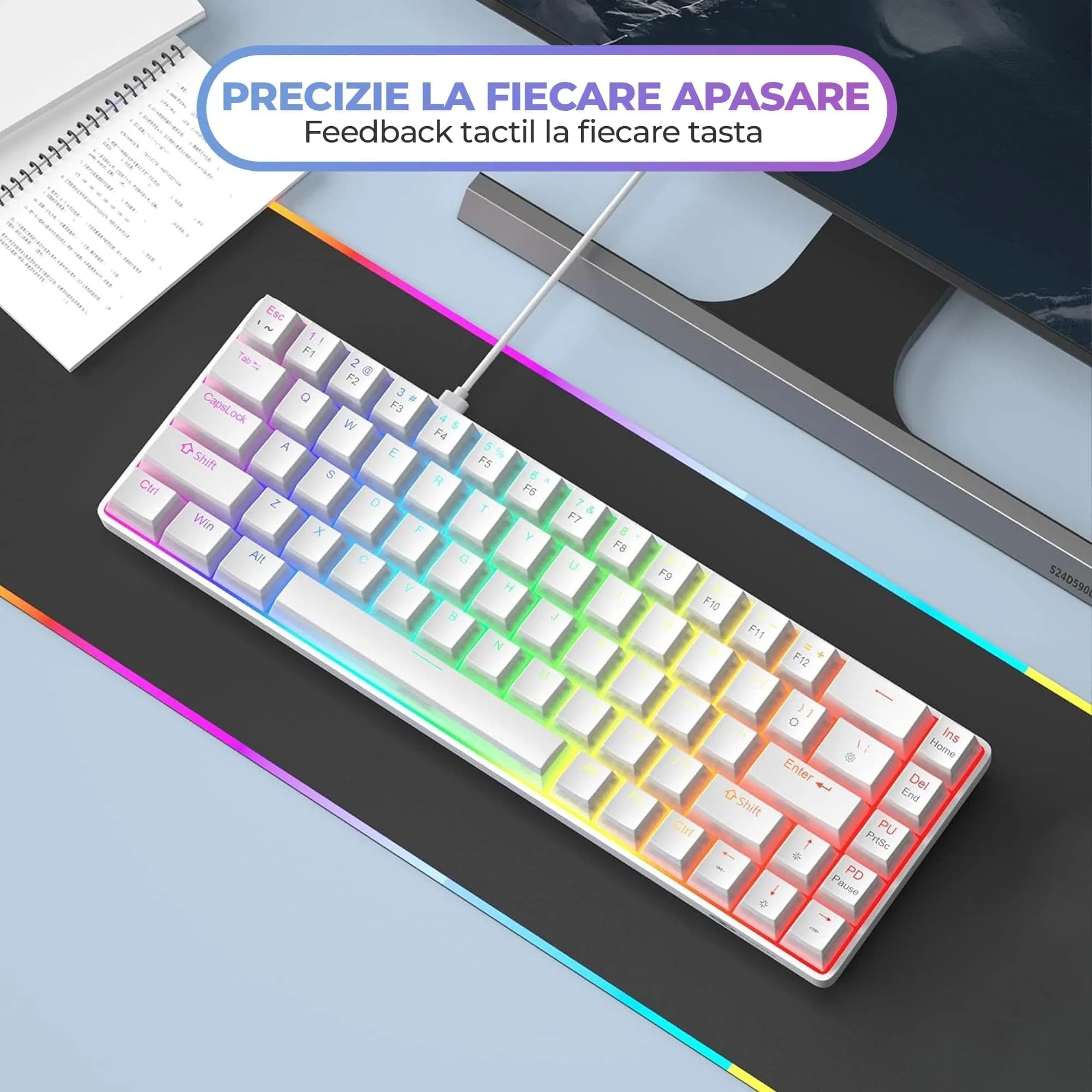 Tastatura Mecanica Timebox 60% cu 68 Taste PBT Pudding, Switch-uri Red ...