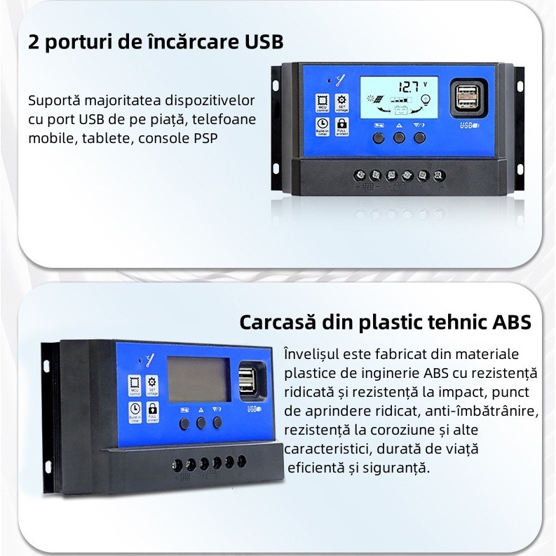 Regulator incarcare panou solar 60A, controler PWM 12V/24V 2xUSB si LCD ...