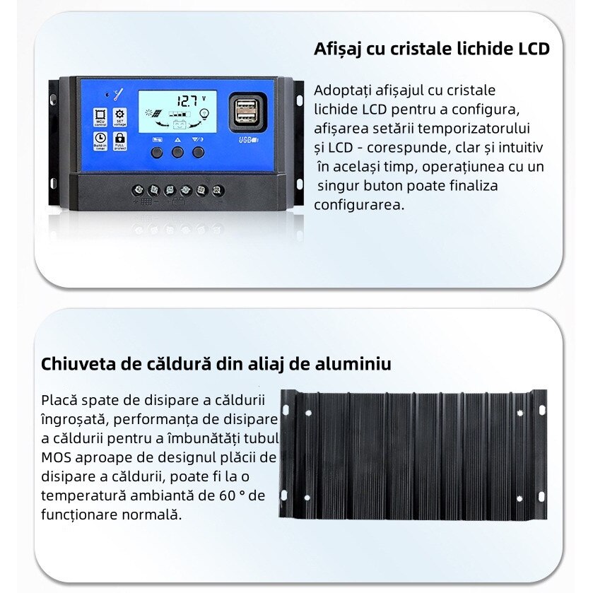 Regulator incarcare panou solar 60A, controler PWM 12V/24V 2xUSB si LCD ...