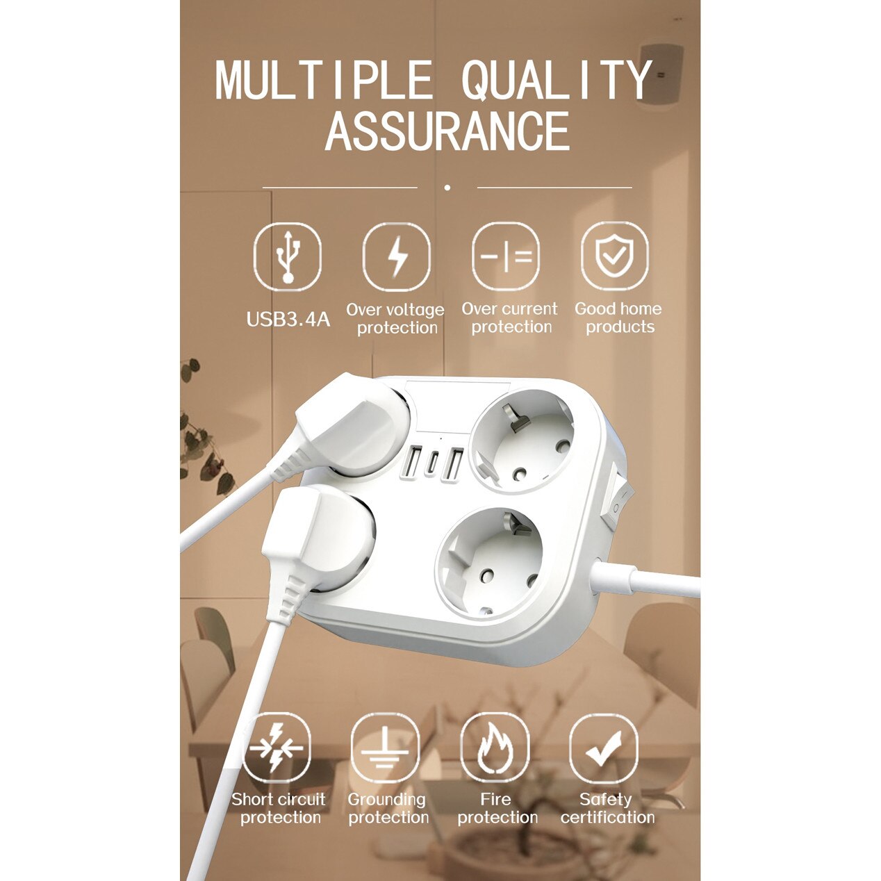 Prelungitor Priza Qeno® SevenPlug, 4x Prize, 2x USB/3.4A, 1x USB Tip-C ...