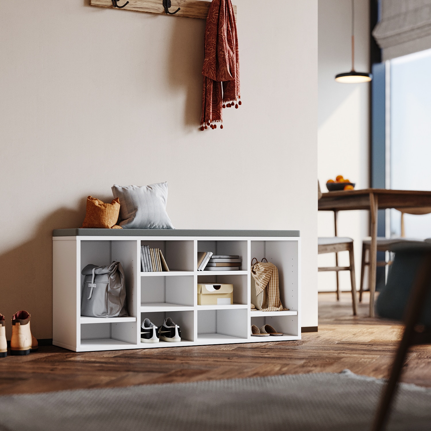 Dulap pentru pantofi alb cu taburet, Compartimente reglabile, 103 ...