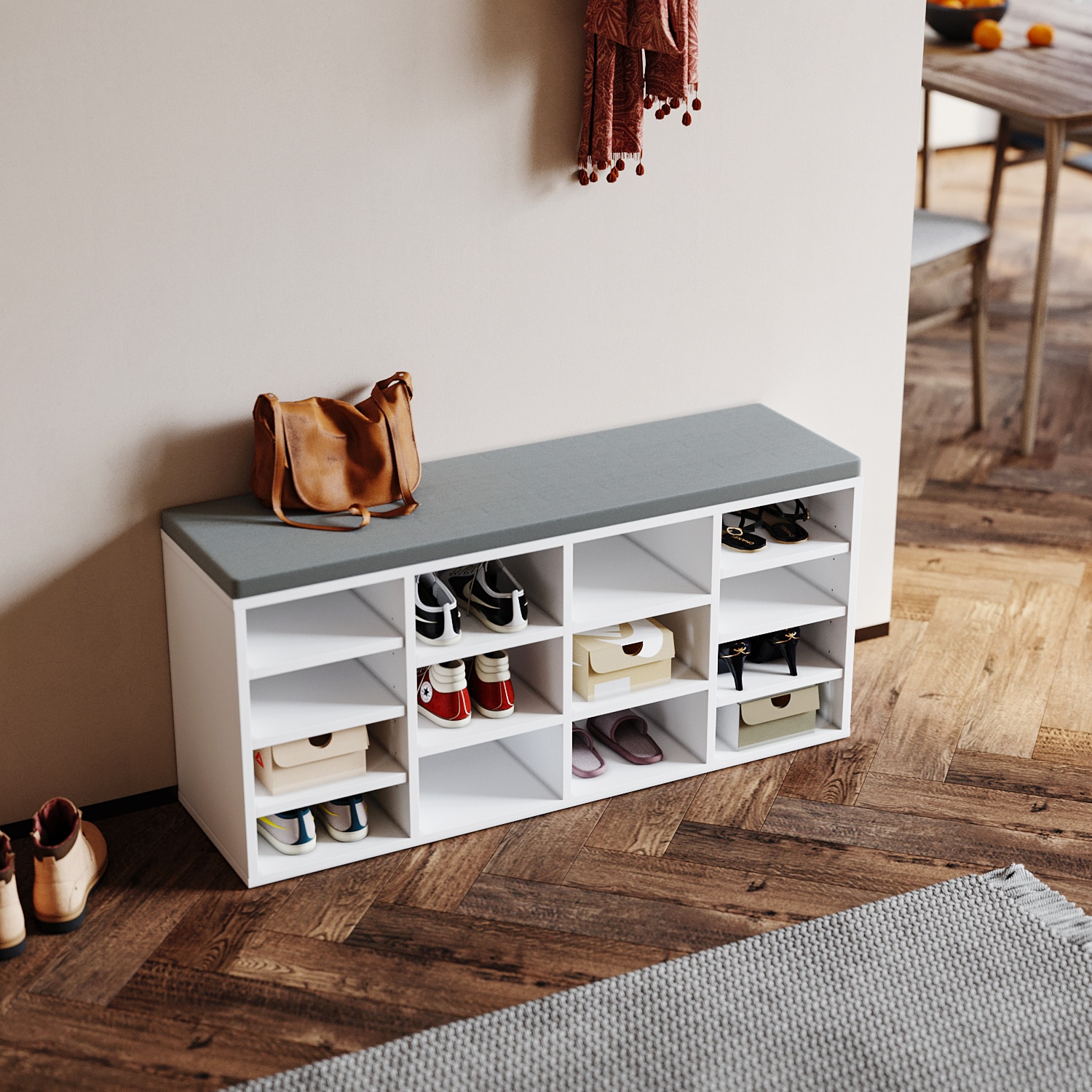 Dulap pentru pantofi alb cu taburet, Compartimente reglabile, 103 ...