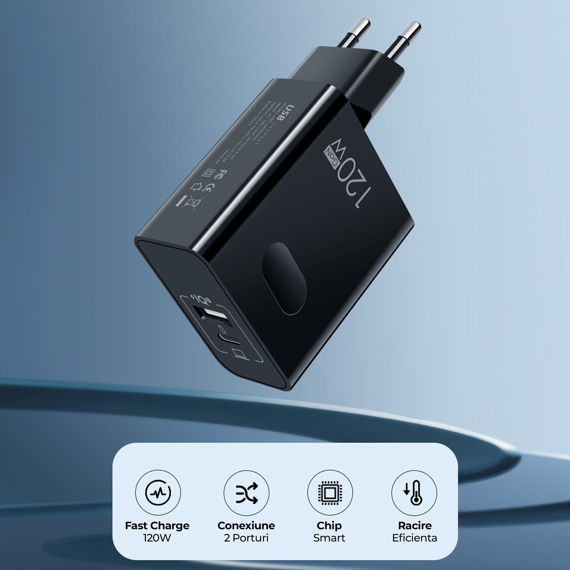 Incarcator Retea Timebox, 2 Porturi, 120W Fast-Charge, 1 x Type-C, 1 x ...