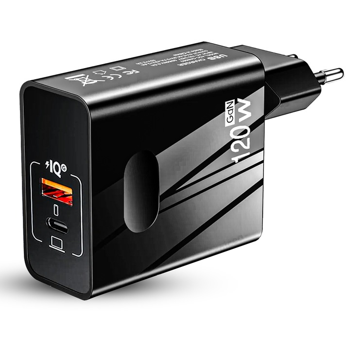 Incarcator Retea Timebox, 2 Porturi, 120W Fast-Charge, 1 x Type-C, 1 x ...