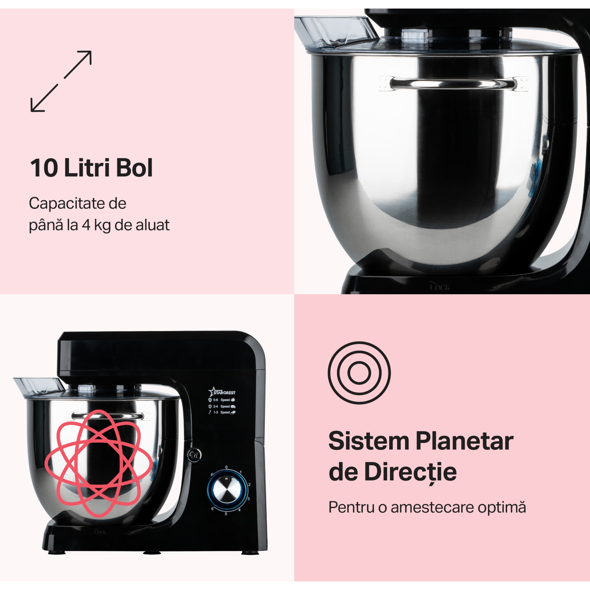 Robot de bucatarie profesional STARCREST SKM-2002BK, 2000 W, Bol 10 L Inox, 5 Accesorii, 6 ...