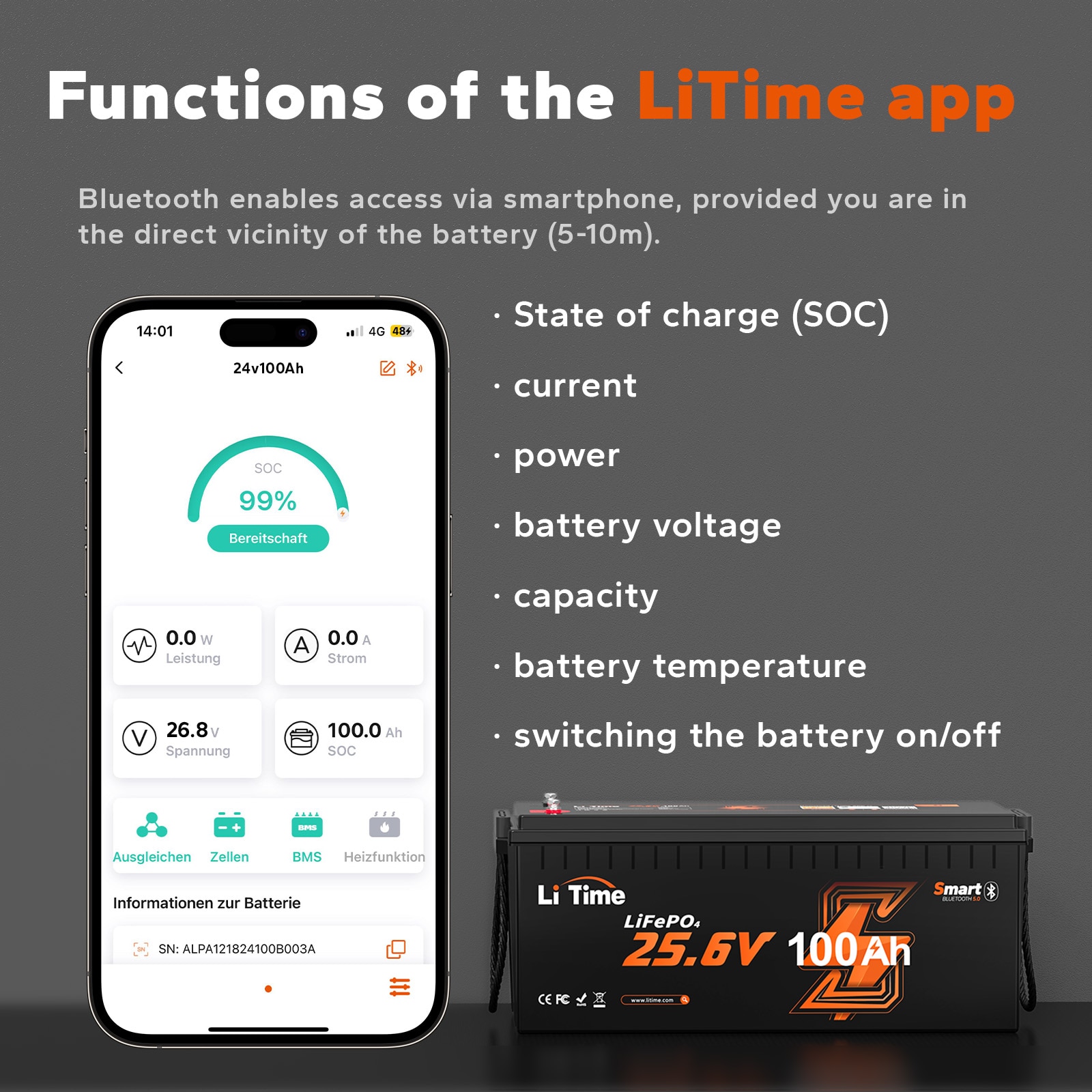 Acumulator solar LiTime 24V 100Ah LiFePO4 cu Bluetooth si protectie la ...
