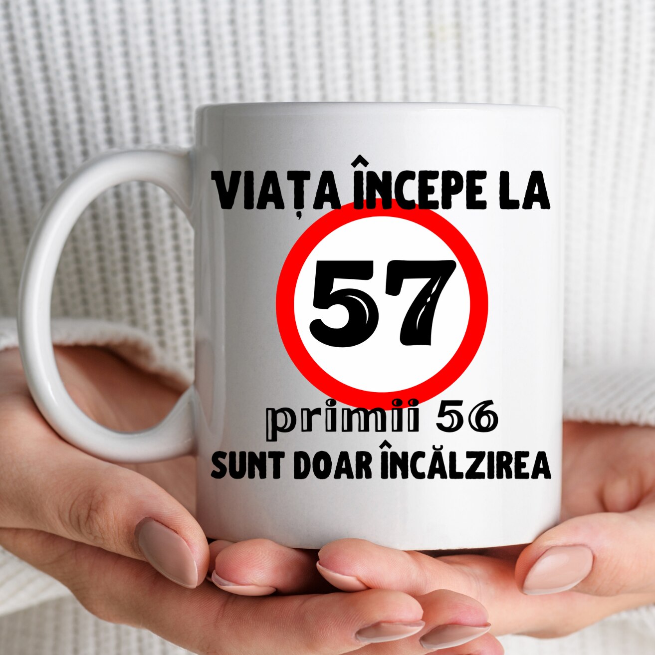 Cana personalizata - Viata incepe la 57 de ani, alba, 330 ml - eMAG.ro