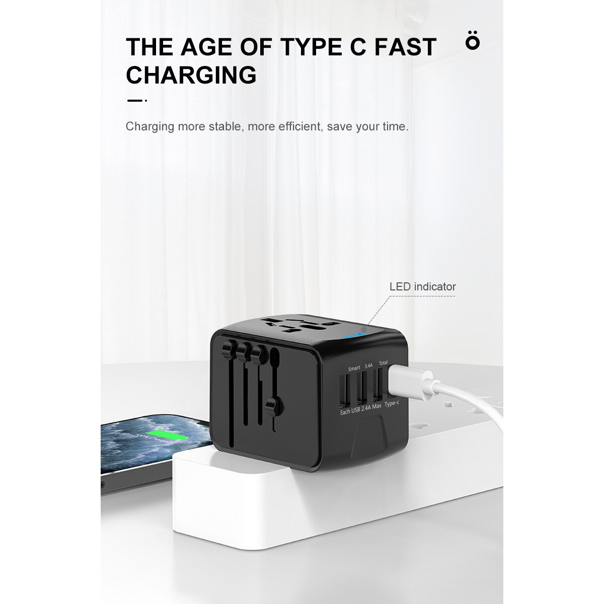 Adaptor incarcator priza universal, cu 4 USB si 1 Type-C - eMAG.ro