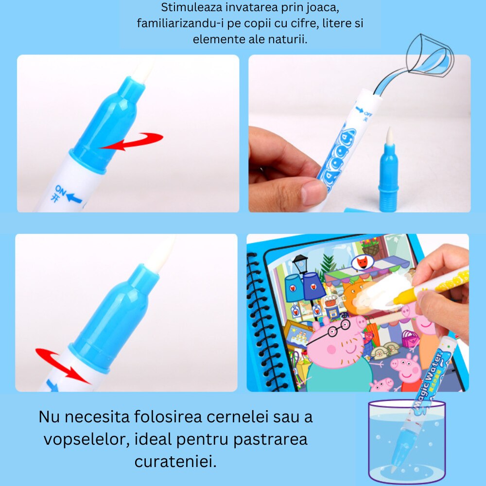 Carte de colorat cu apa, interactiva, reutilizabila, cu Peppa Pig, +3 ...