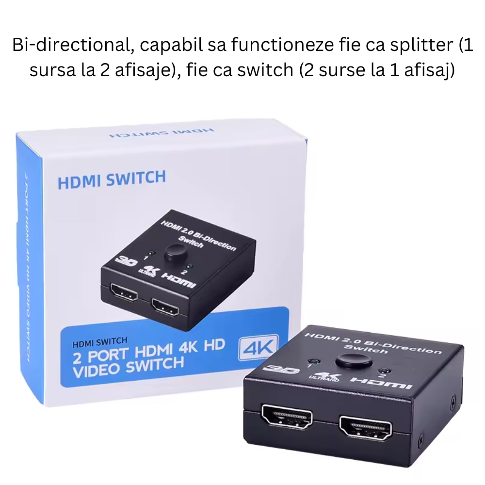 Comutator 4K HDMI, 2x1 Switch/1x2 Splitter, bi-directional cu 2 porturi ...