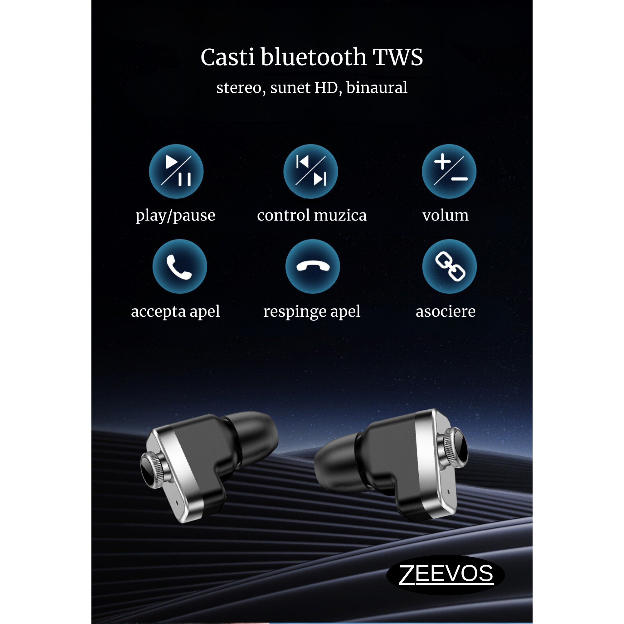 Ceas smartwatch ZEEVOS cu casti bluetooth TWS incorporate, 2in1 ...