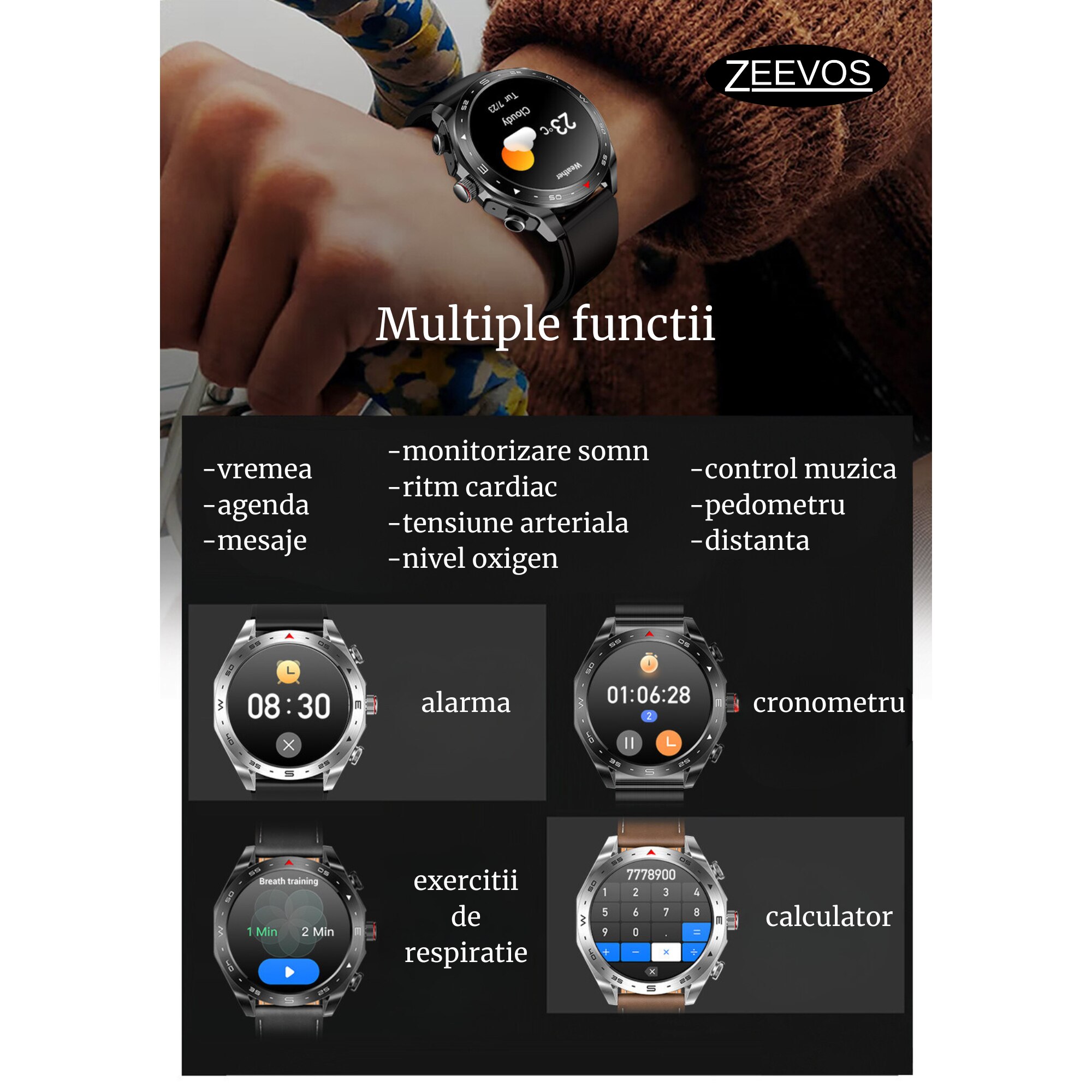 Ceas smartwatch ZEEVOS T95 cu casti bluetooth incorporate, 2in1 ...