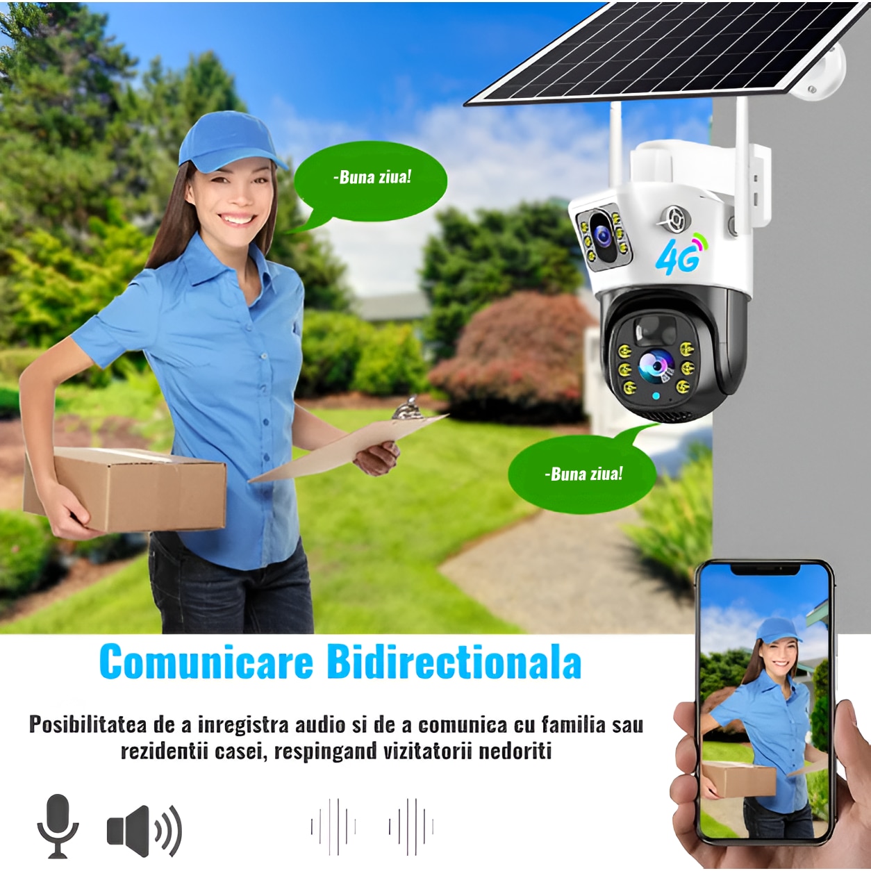 Camera de supraveghere portabila cu panou solar de 10 W, 3MP, model 4G ...