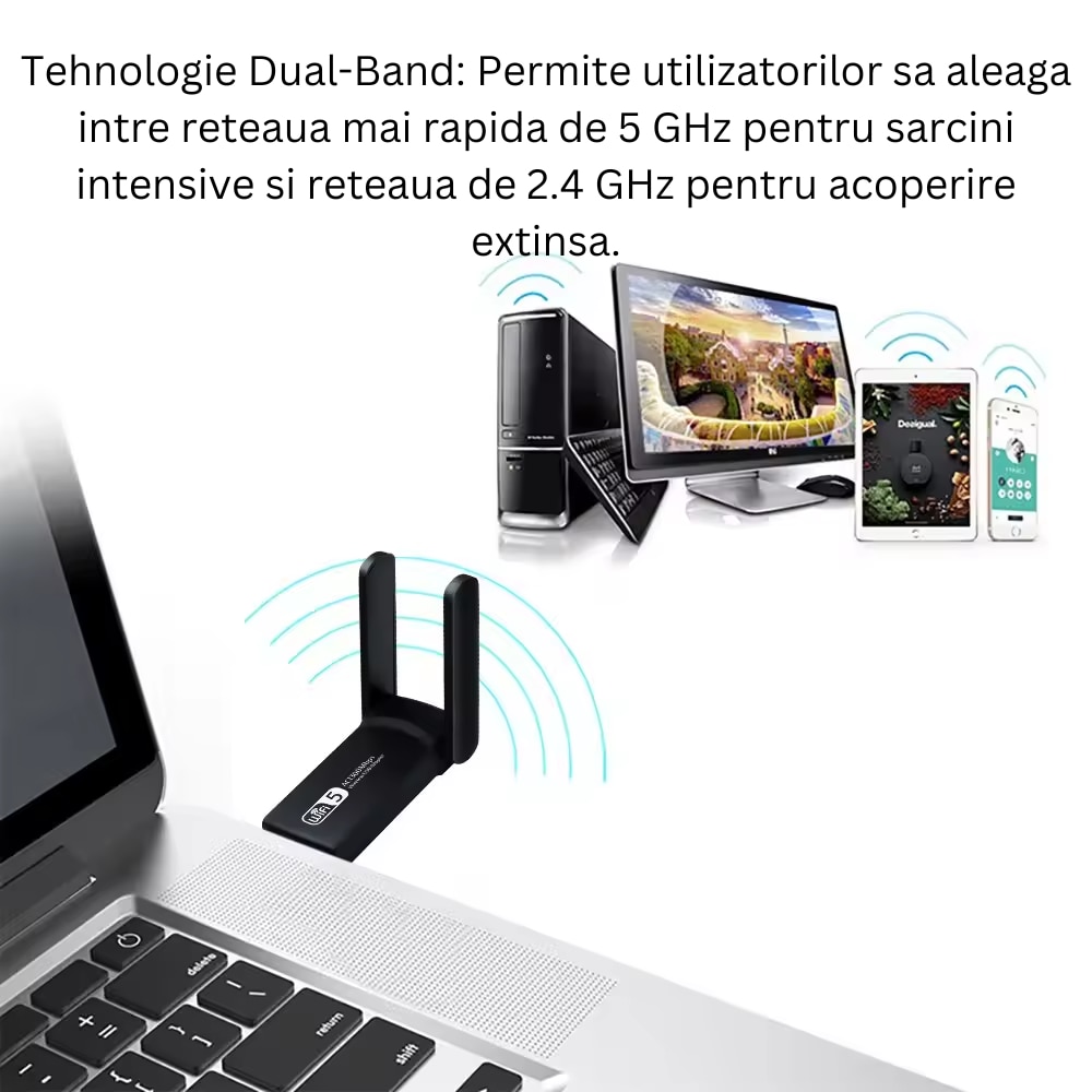 Adaptor Wireless cu 2 antene, 5GHz, retea 2.4G si 5G, 1200 Mbps, USB 3. ...