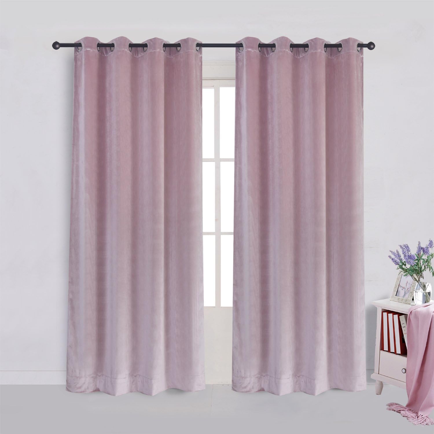 Set doua draperii catifea Konan, roz, lucrat pe inele tip capse ...