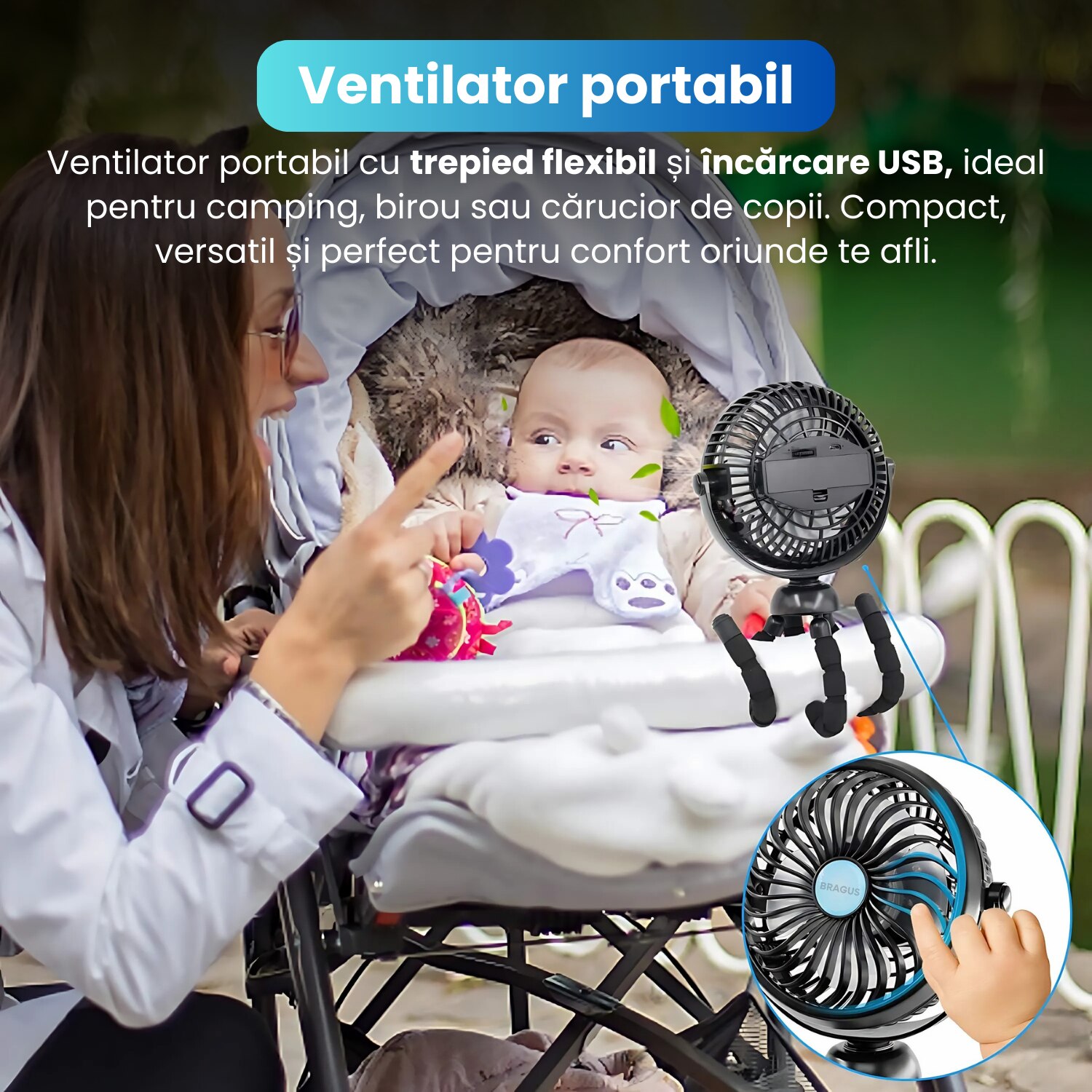 Ventilator Portabil, BRAGUS, Trepied Flexibil si Detasabil, Baterie ...