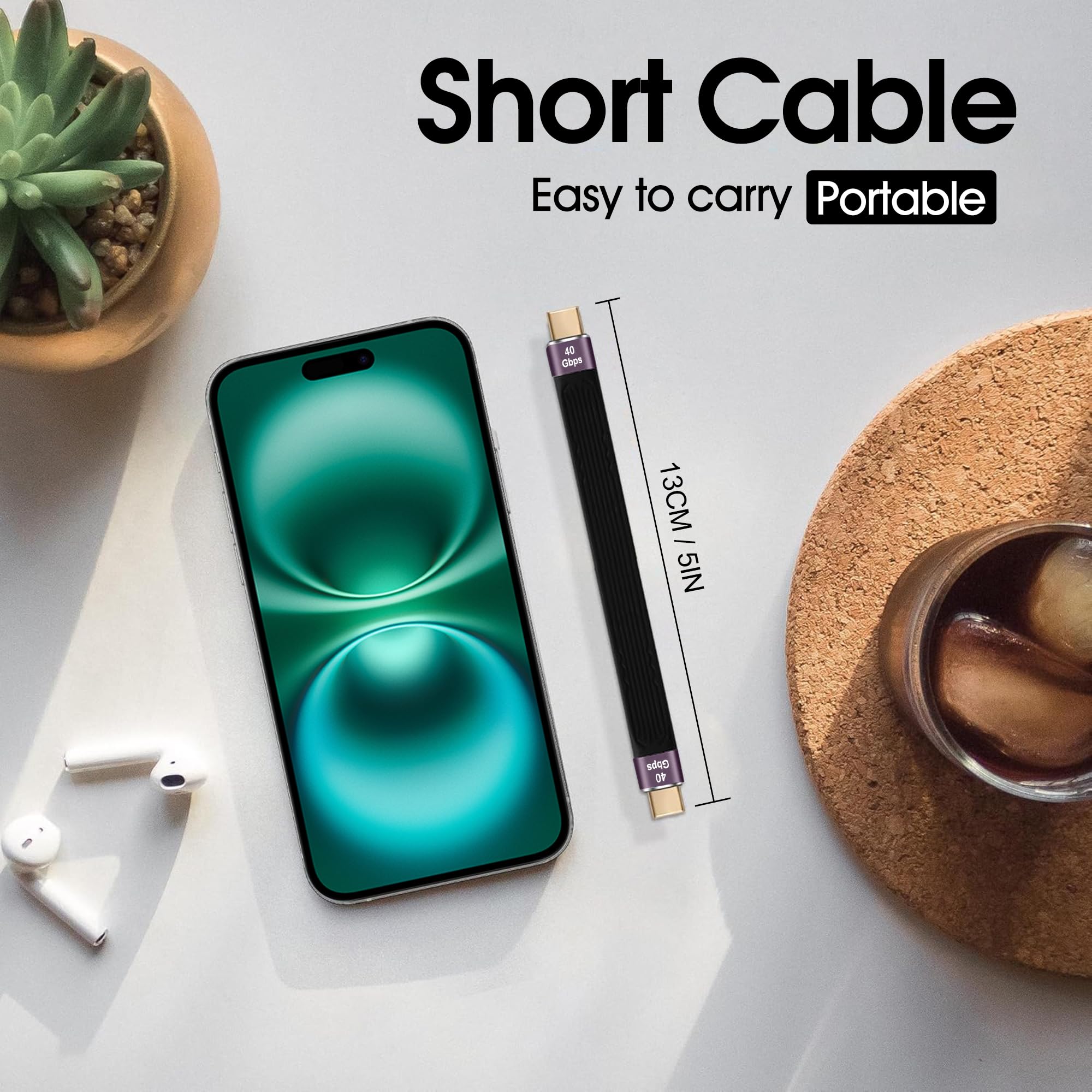 Cablu de date scurt USB-C la USB-C, 40Gbps, incarcare rapida 100W ...
