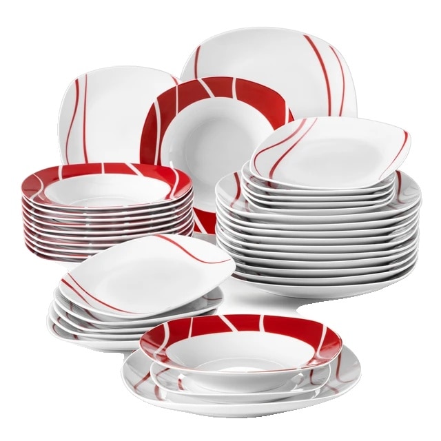 Set de masa din portelan, 36 piese, dungi rosii, pentru 6/12 persoane ...