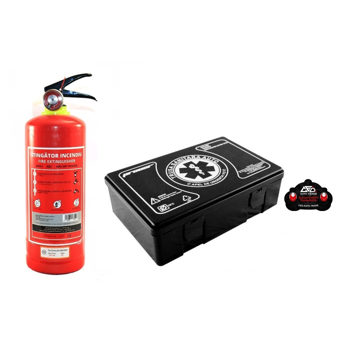 Kit siguranta auto omologat format din Trusa medicala auto de prim ajutor, Stingator auto ...