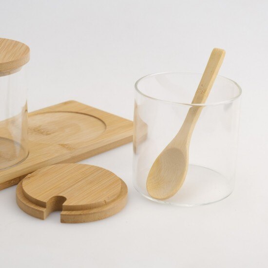 Set 3 recipiente condimente, Lingurita, Suport lemn, Lemn/Sticla, 30x10 ...