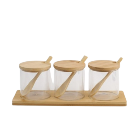 Set 3 recipiente condimente, Lingurita, Suport lemn, Lemn/Sticla, 30x10 ...