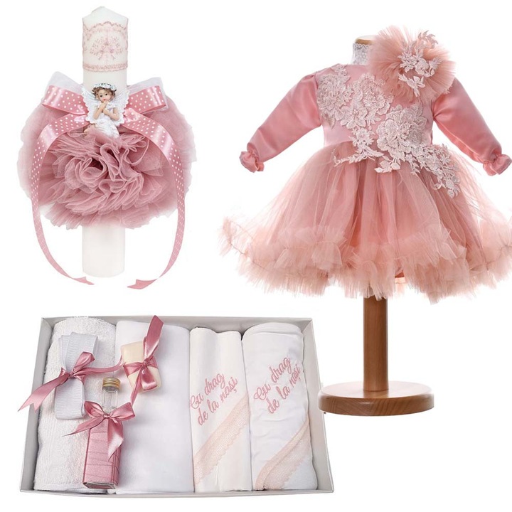 Set botez biserica fetita, 6 - 9 luni, trusou cu mesaj, lumanare tul si ...