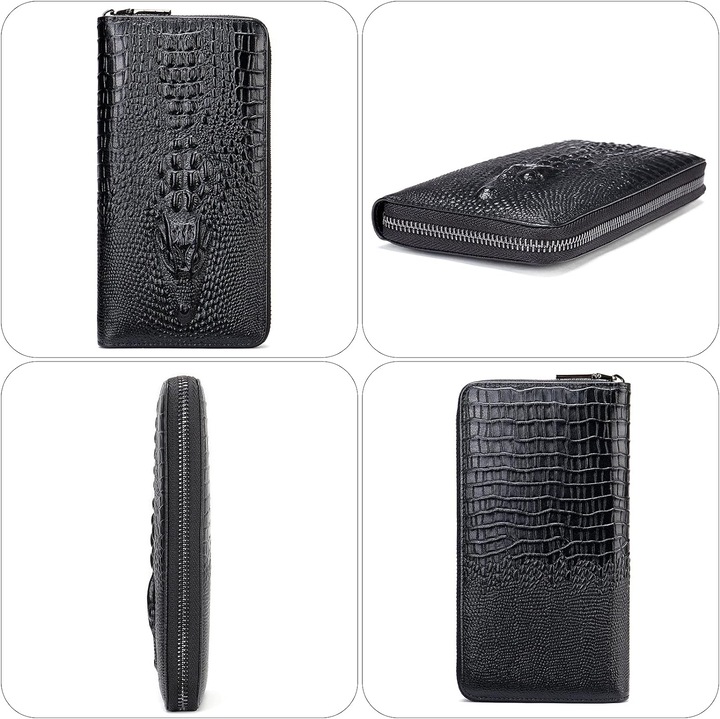 Portofel Barbati, piele naturala, cu fermoar, 12 sloturi carduri, negru ...