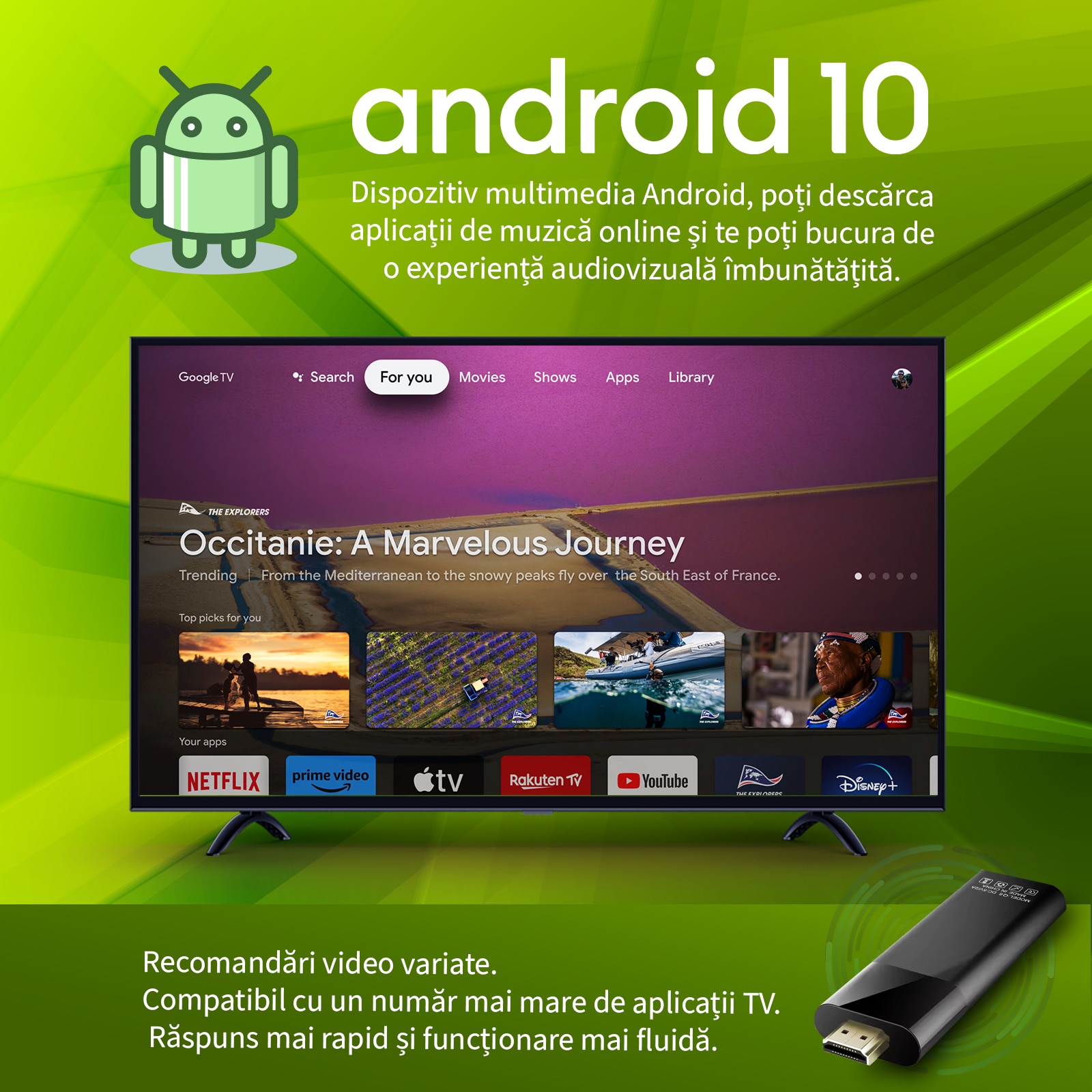 Stick TV Smart Q6, Procesor Quad-Core H313, Rezolutie 4K, WiFi Dual ...