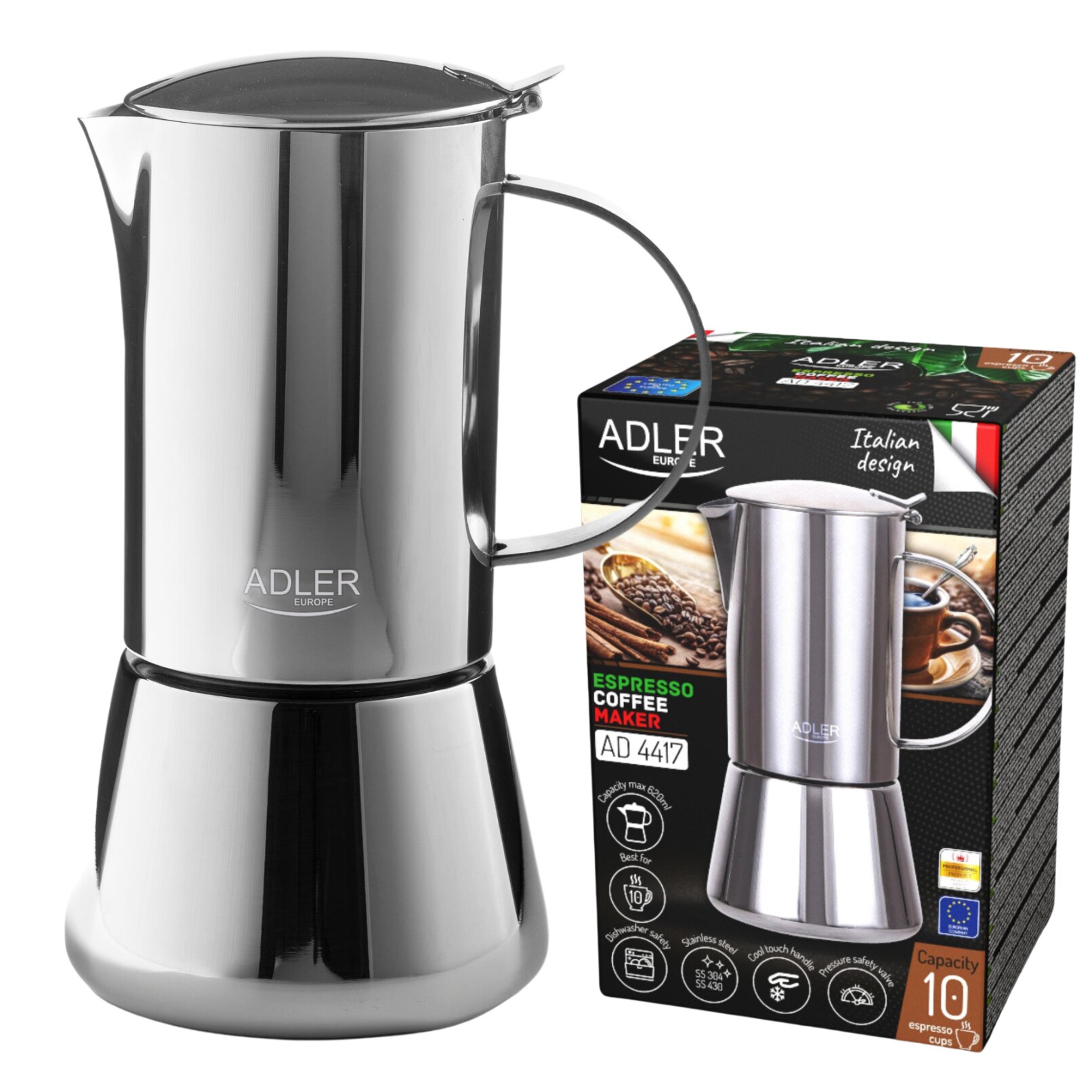 Espressor pentru aragaz ADLER, 500ml, inox, compatibil inductie ...