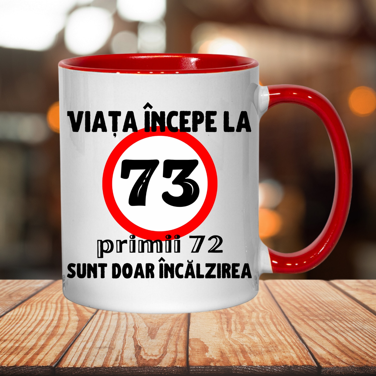 Cana personalizata - Viata incepe la 73 de ani, rosu interior, 330 ml ...