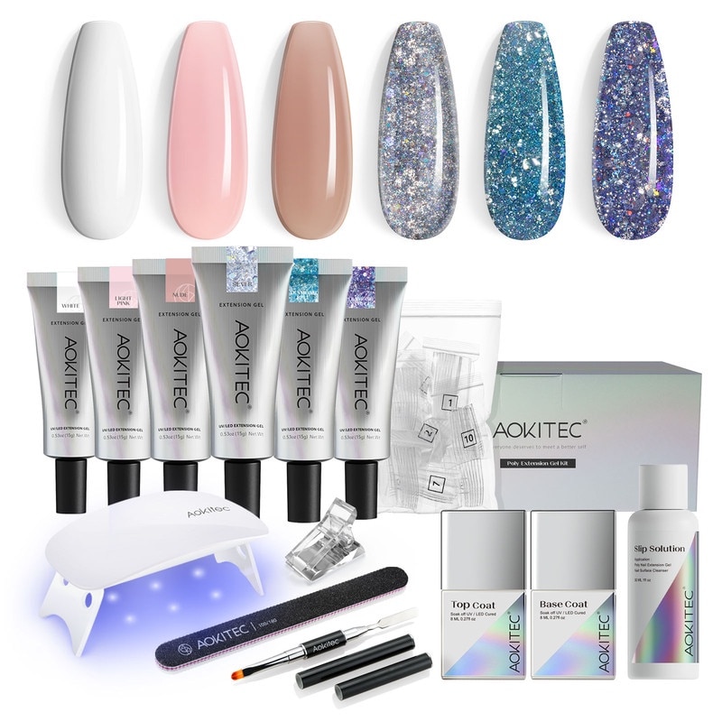 Set Unghii AOKITEC Poly Gel, 6 Culori, Lampa LED, Solutie Slip, Baza si ...