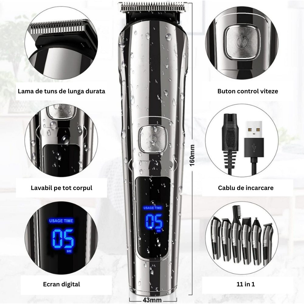 Masina de tuns si ras profesionala, Lame inox, Corp metal, Barba, Cap ...