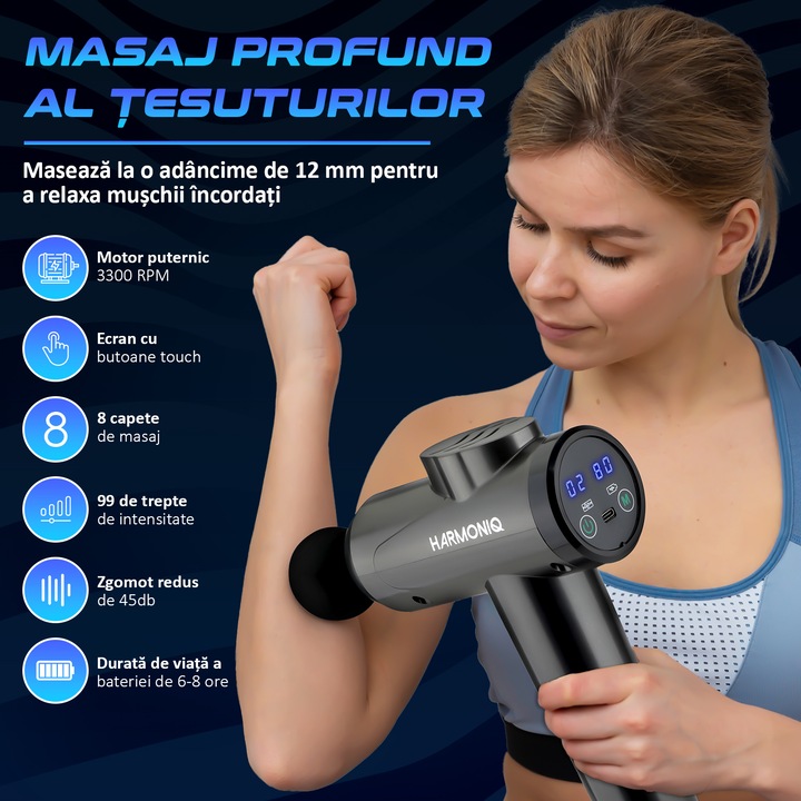Aparat pentru Masaj Profesional Tip Pistol HARMONIQ®, 99 Viteze, 8 ...