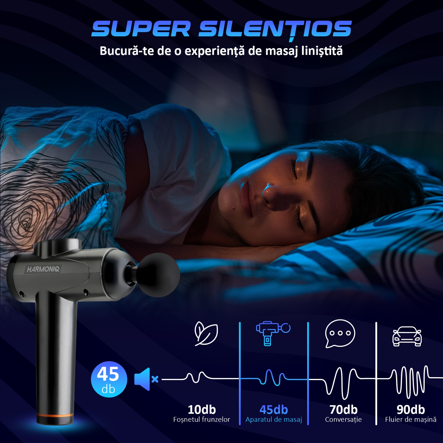 Aparat pentru Masaj Profesional Tip Pistol HARMONIQ®, 99 Viteze, 8 ...