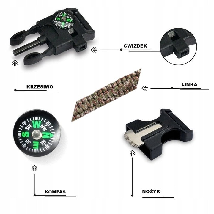 Гривна за оцеляване, мултифункционална, компас, свирка, запалка, нож ...